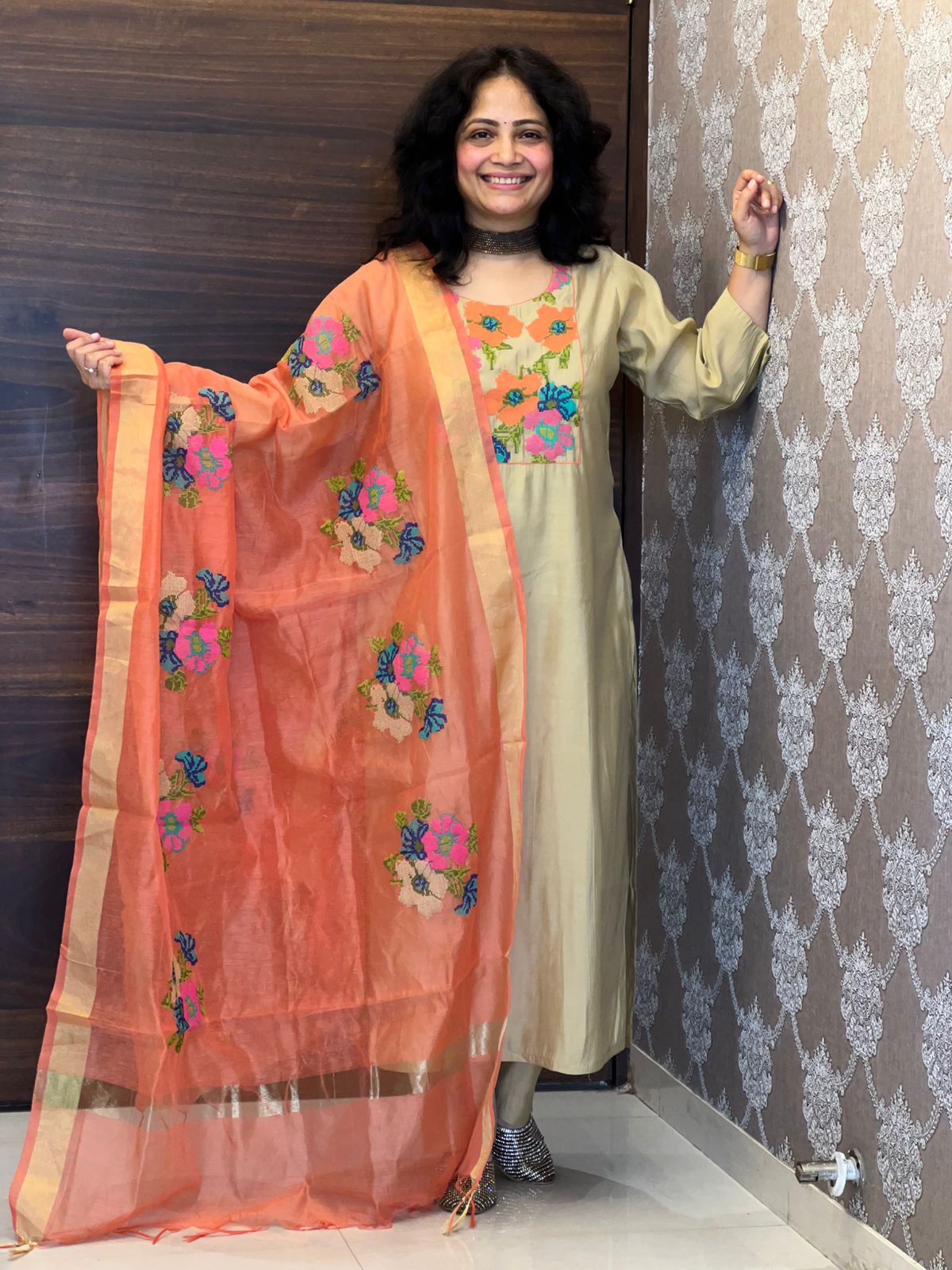 Beige Color Modal Muslin With Orange Dupatta Set – Belle Creations Pune